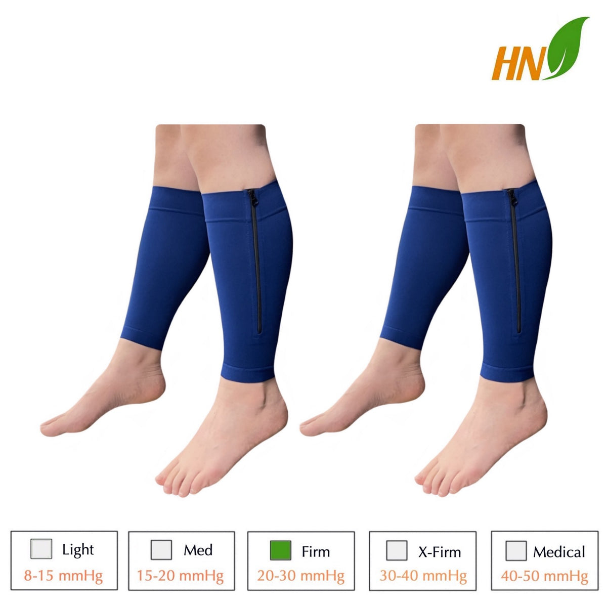 Footless 20-30 mmHg Compression Leg Shin Calf Zipper Sleeves Navy Whit ...